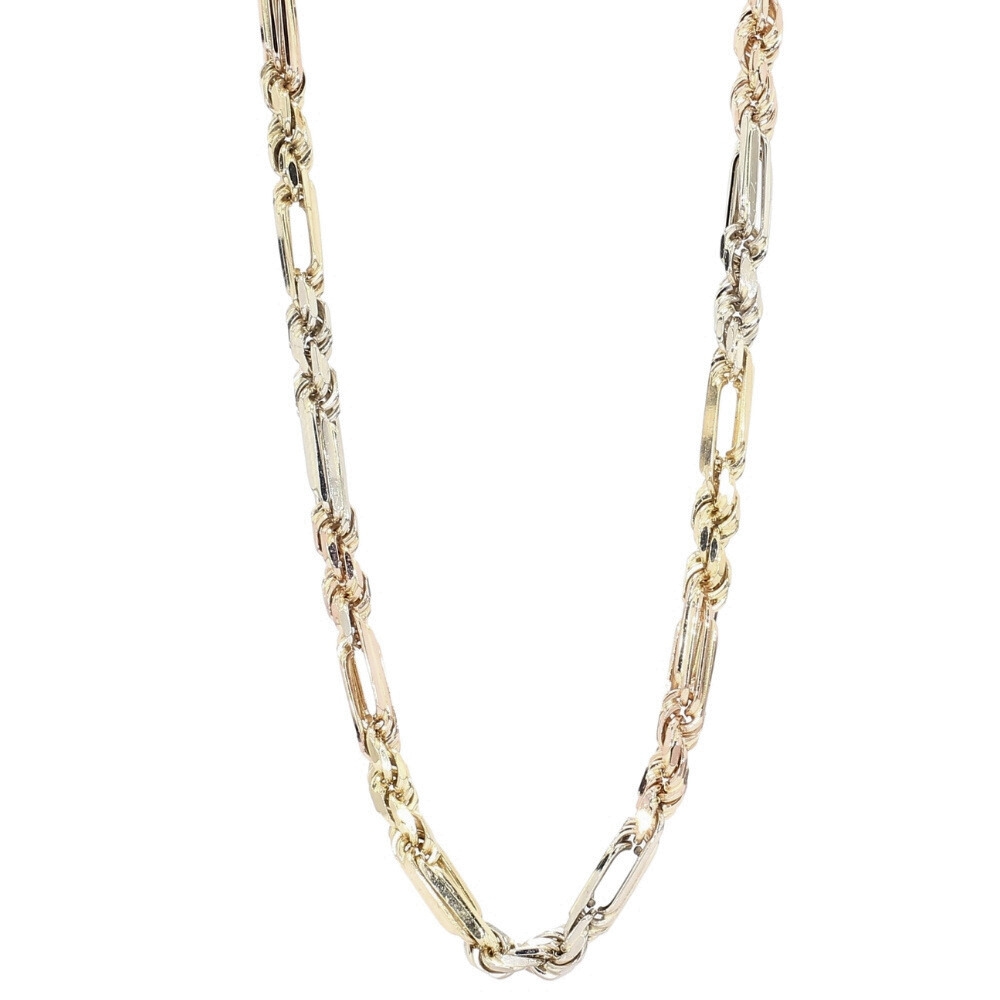 26″ Solid Milano Figaro Rope Chain (3.9MM) in 14K Tri color Gold and 35 ...